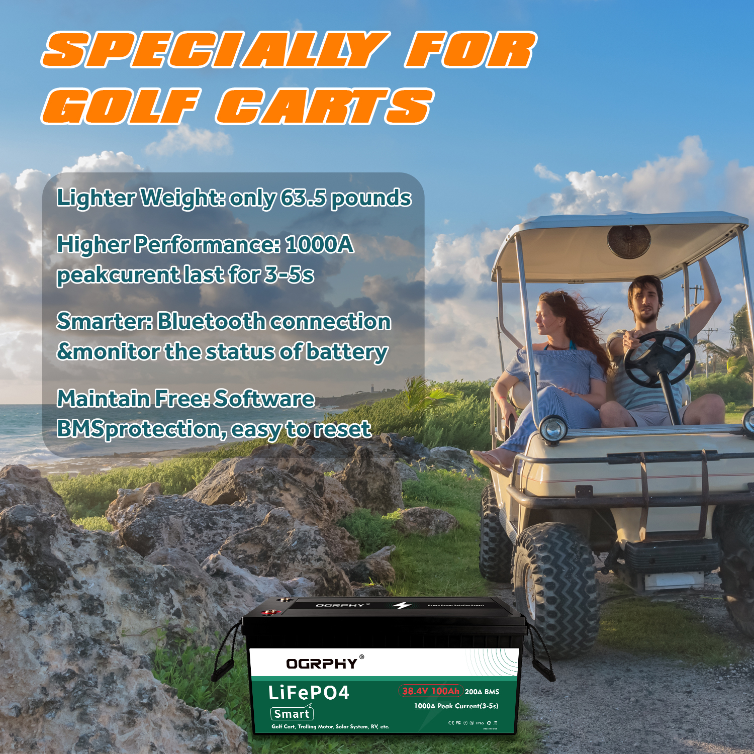 OGRPHY 36V100AH Lithium Golf Cart Battery with 200A BMS and Mobile APP ...