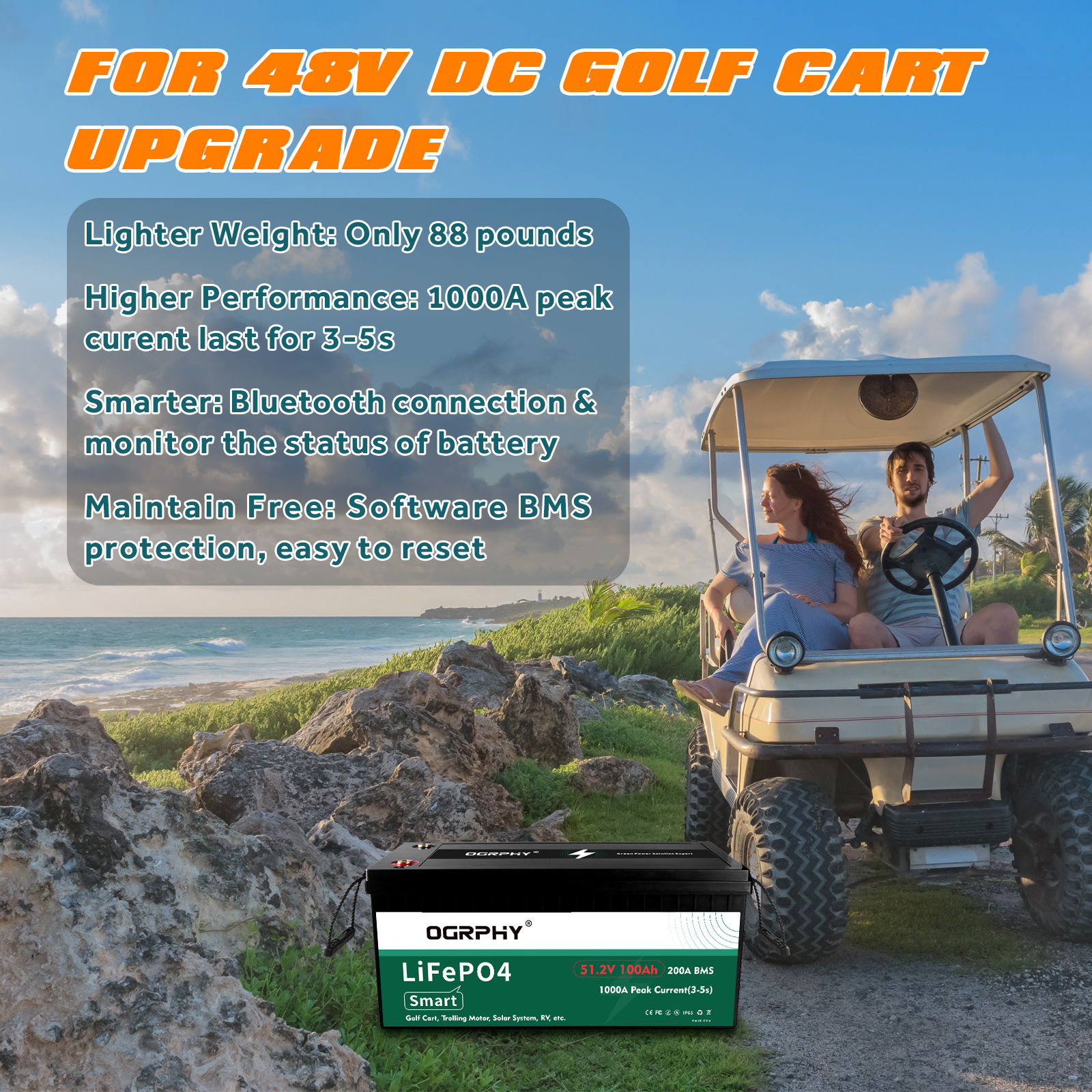 OGRPHY 48V100AH Lithium Golf Cart Battery with 200A BMS and Mobile APP ...