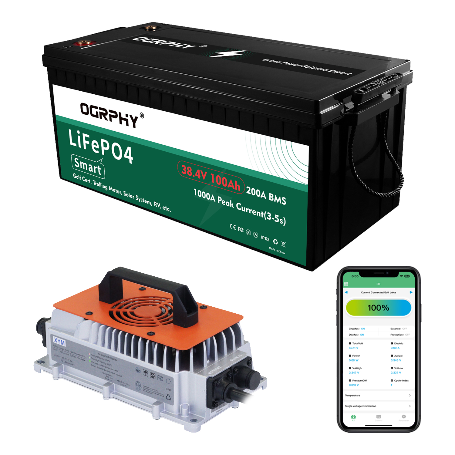 OGRPHY 36V100AH Lithium Golf Cart Battery with 200A BMS and Mobile APP ...